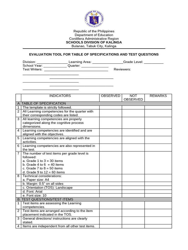 ASSESSMENT-TOOL-FOR-TEST-QUESTIONS | PDF