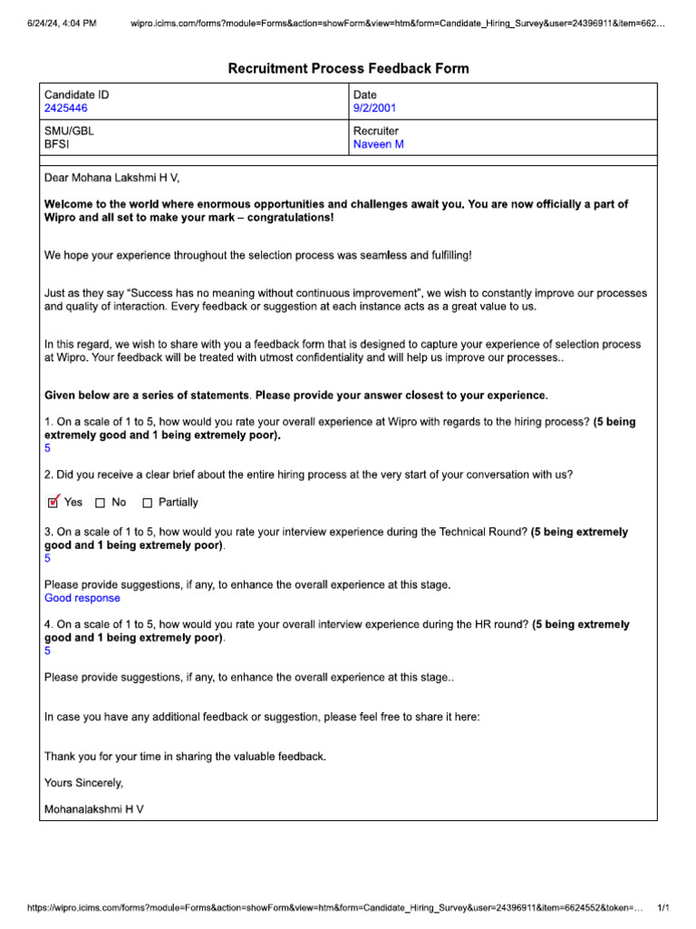 Wipro Feedback | PDF