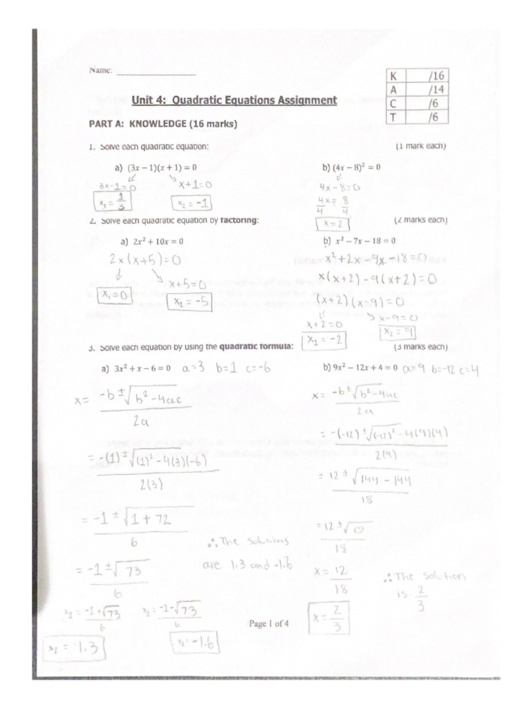 Unit 4 Quadratic Equations Assignment | PDF