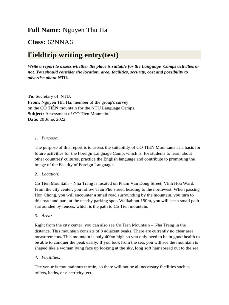 Fiedltrip Writing Entry (Test) - Co Tien Mountain | PDF | Career & Growth