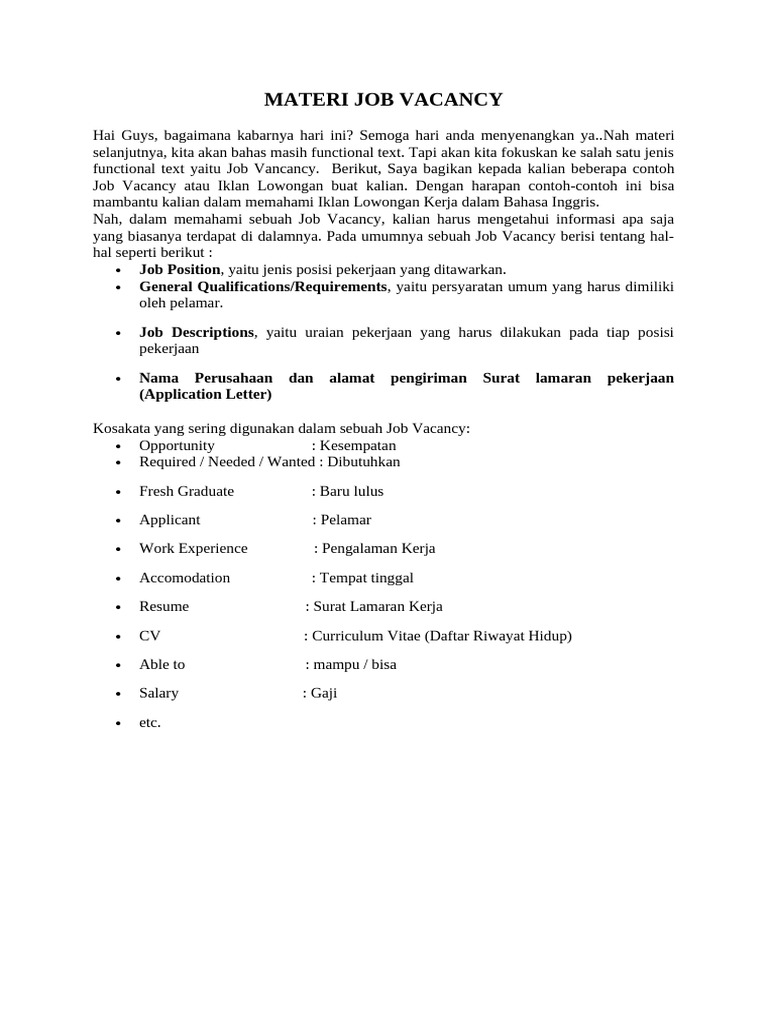Worksheet Kelas XII (Job Vacancy) | PDF