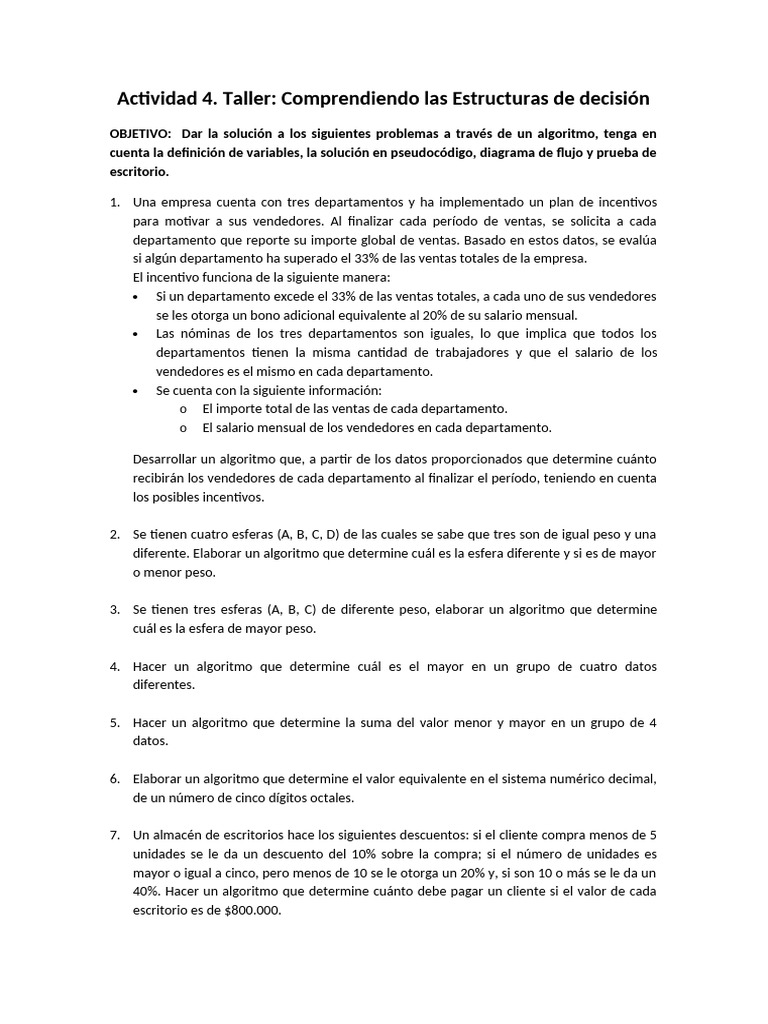 Taller - Comprendiendo Las Estructuras de Decision | PDF | Algoritmos ...