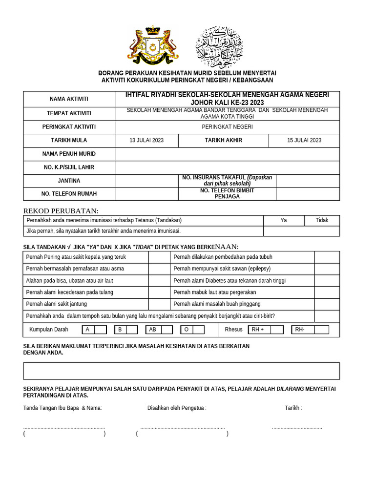 Borang Deklarasi Kesihatan JAINJ | PDF