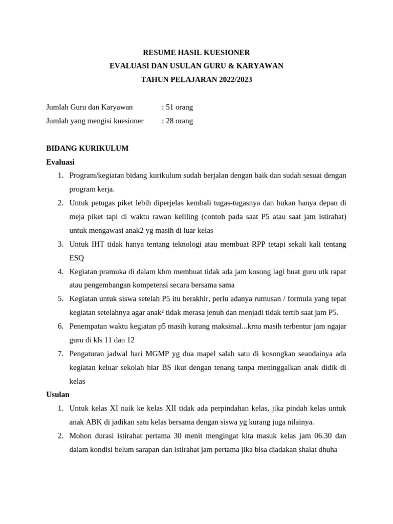 Resume Hasil Kuesioner | PDF