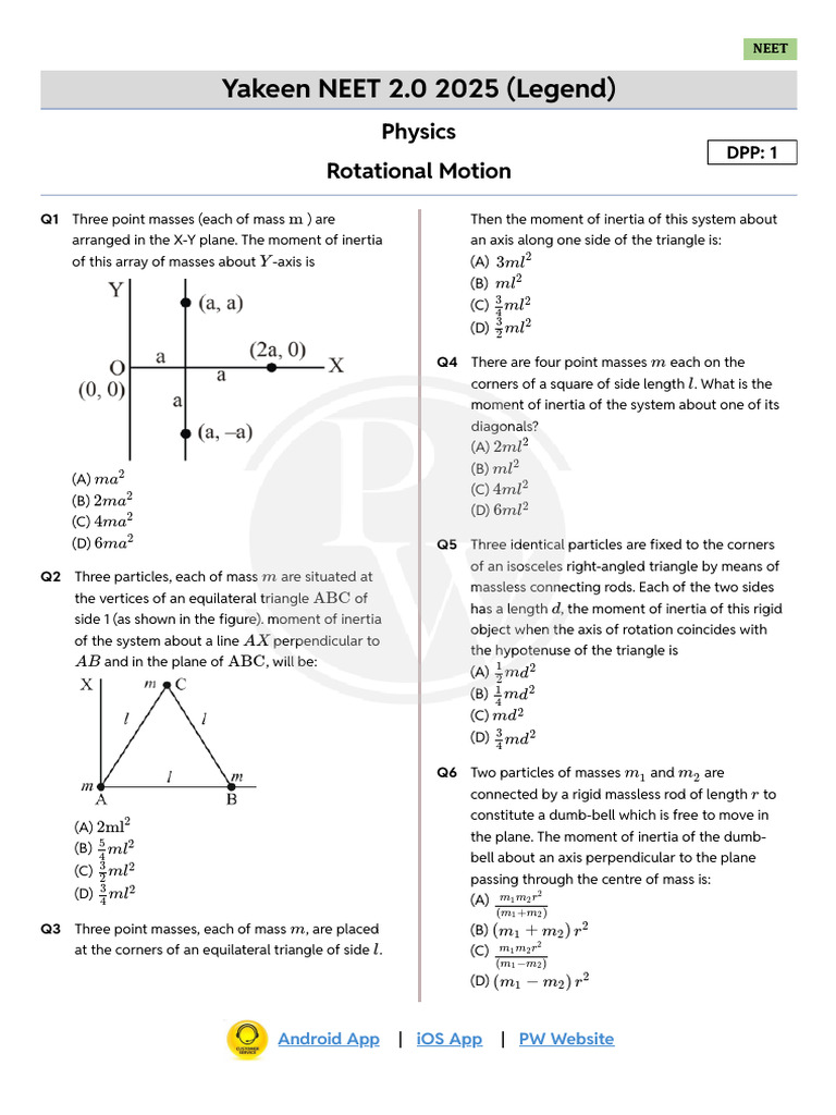 Rotational Motion DPP 01of Lec 04 Yakeen NEET 2 0 2025 Legend | PDF | Triangle | Rotation