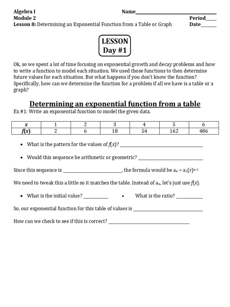 Notes - Determing An Exponential Function From A Table or Graph | PDF