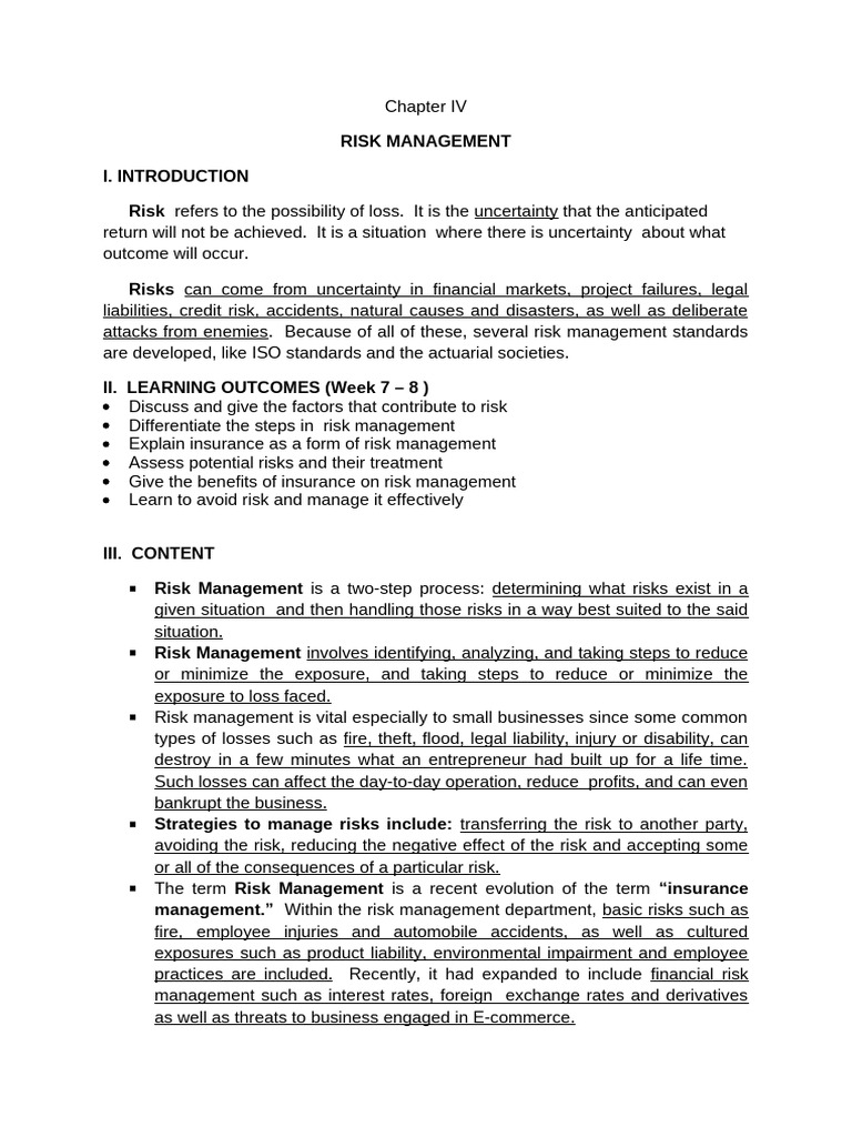 MODULE TM Chap IV Risk MGT | PDF | Risk Management | Risk