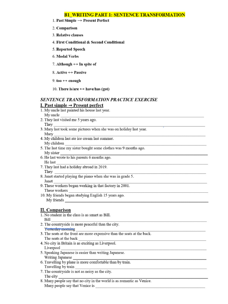 B1_WRITING PART 1 - Chuyển đổi câu_Gửi SV | PDF