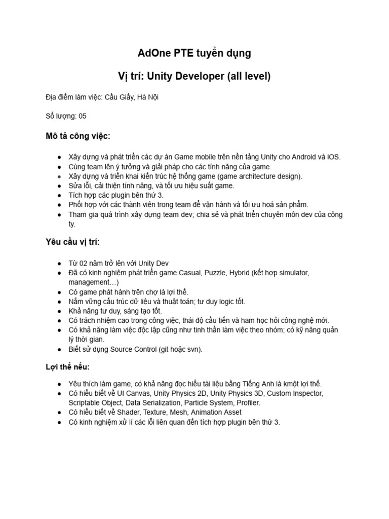 AdOne - JD Unity Dev (All Level) | PDF
