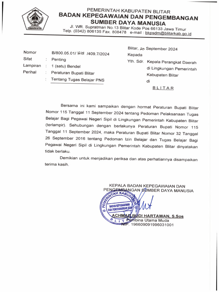 Surat Sosialisasi Perbup Tugas Belajar Lengkap | PDF