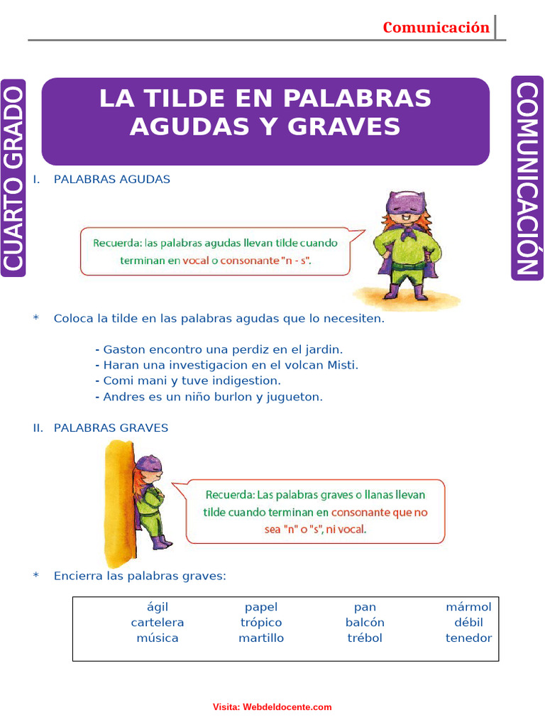 La Tilde en Palabras Agudas y Graves para Cuarto Grado de Primaria | PDF