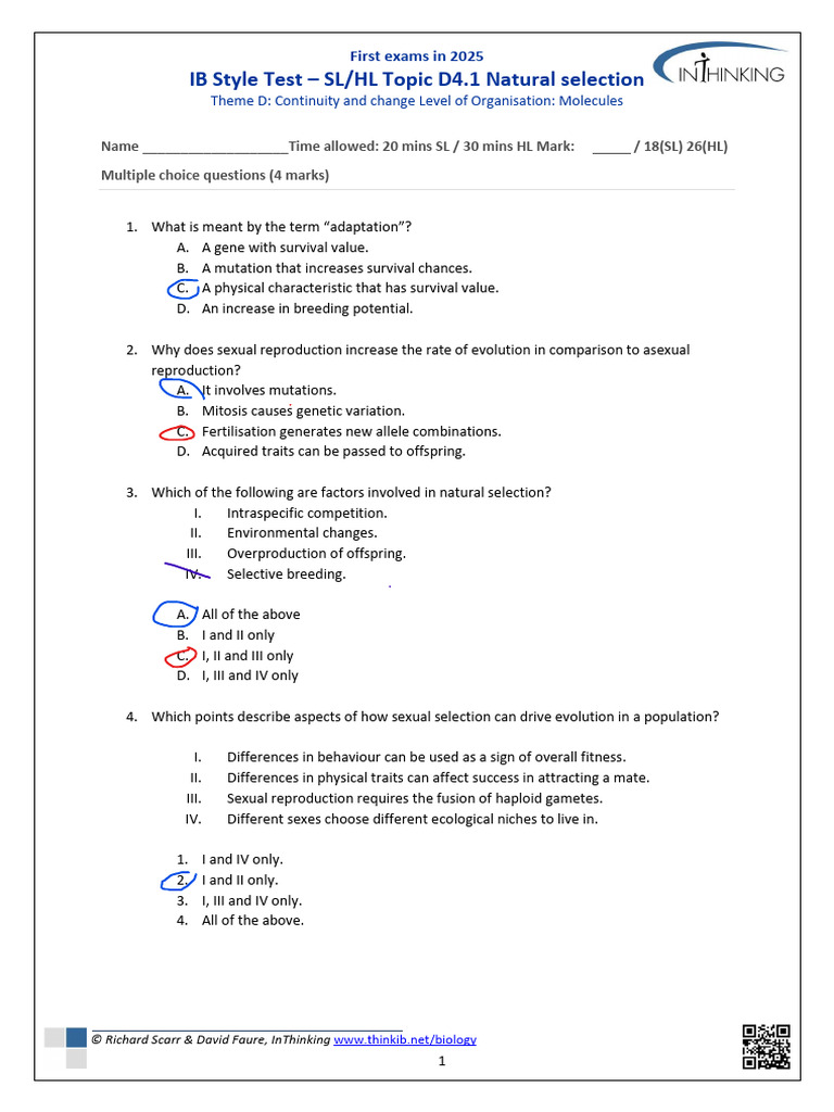 D - 4 - 1 - Natural Selection - Topic - Test | PDF