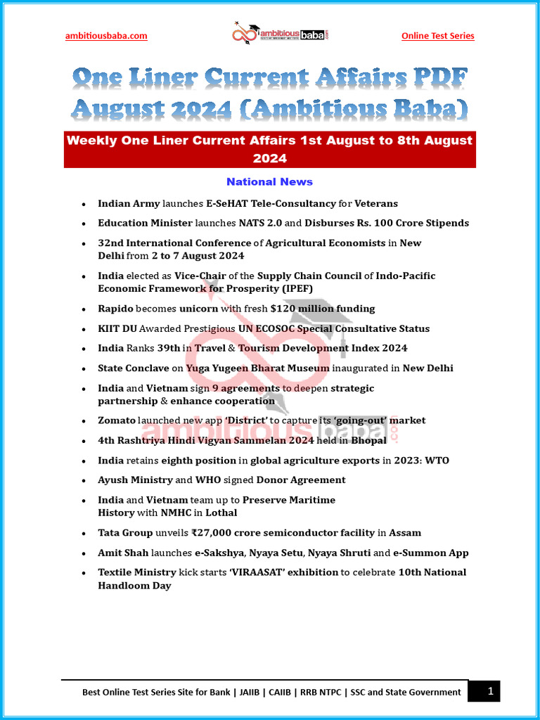 Oneliners PDF August 2024 Ambitious - Baba | PDF