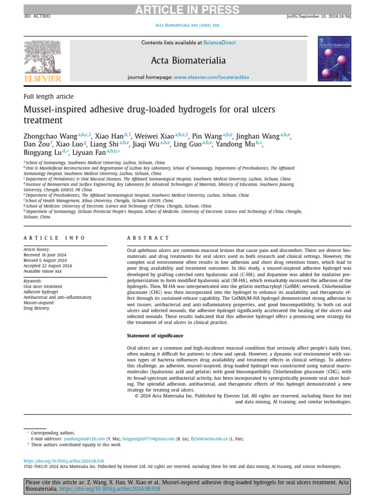 Mussel-inspired adhesive drug-loaded hydrogels for oral ulcers | PDF
