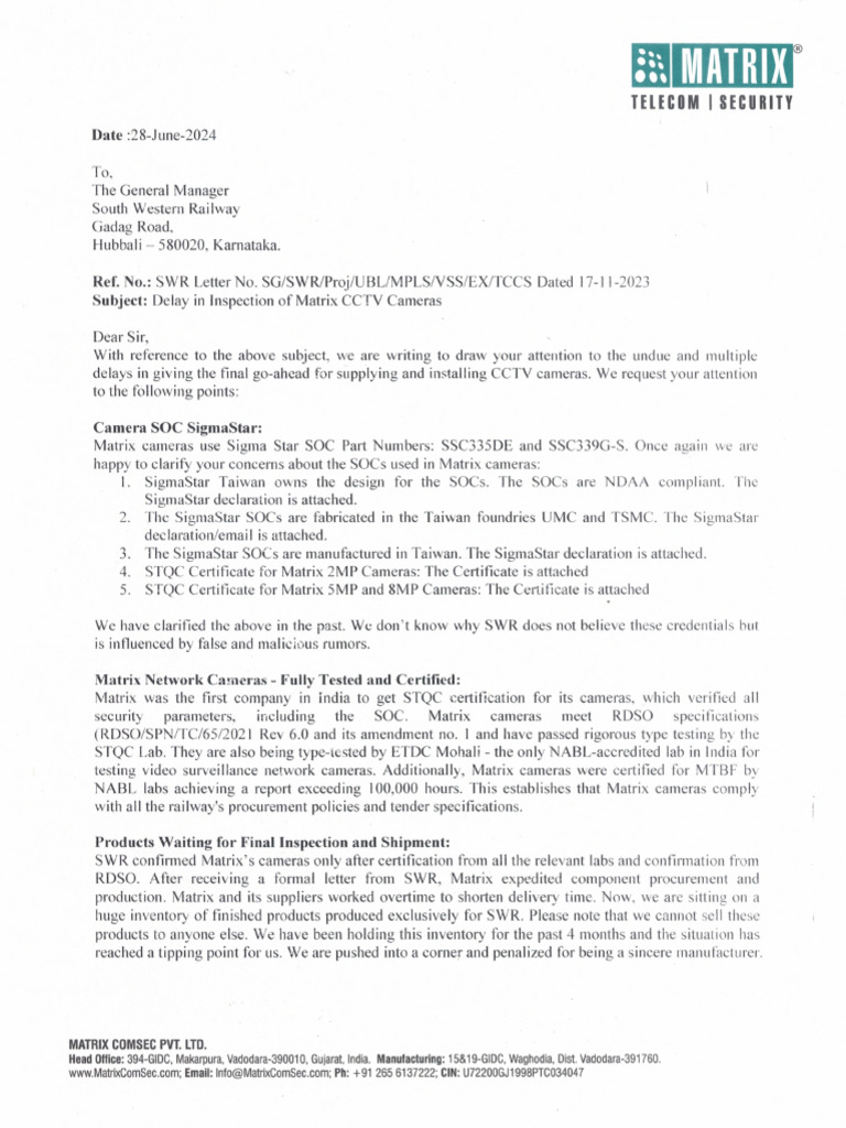 Letter - Matrix Comsec | PDF