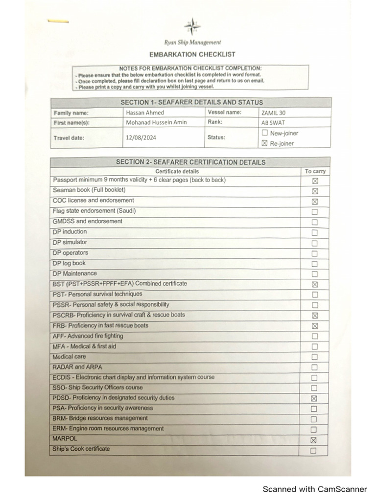 Embarkation Checklist | PDF