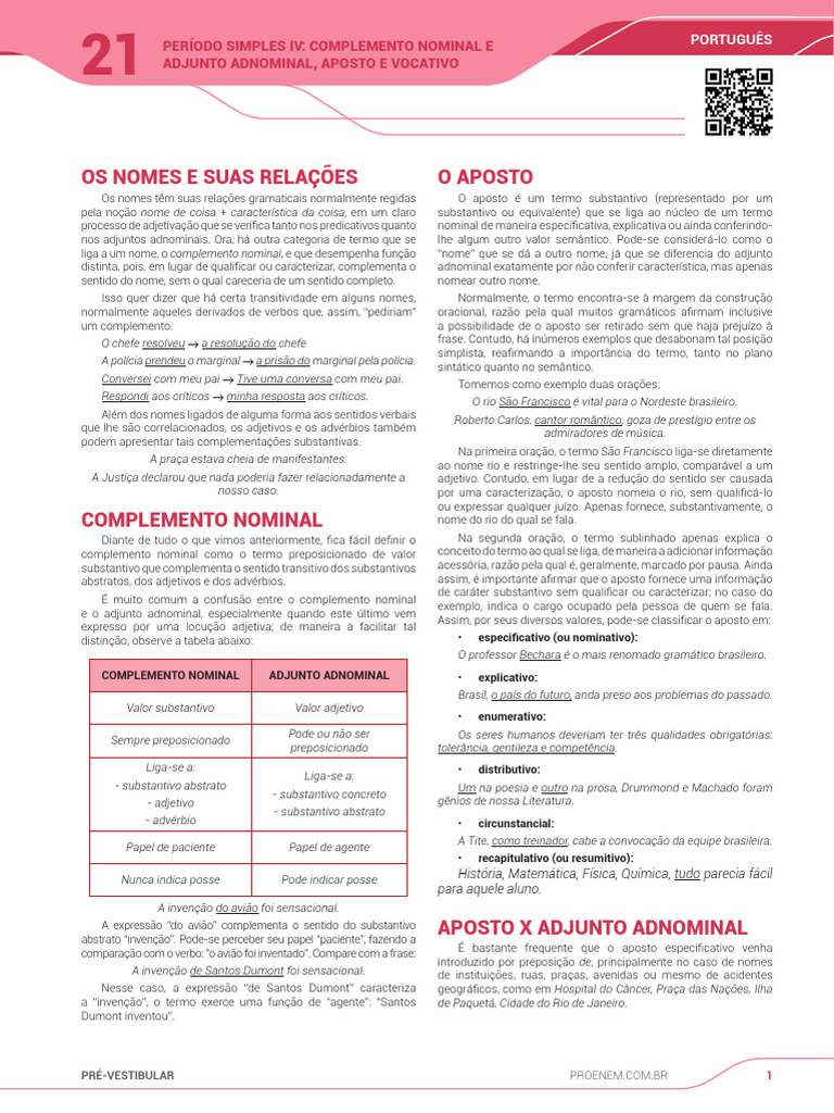 Complemento Nominal e Adjunto Adnominal, Aposto e Vocativo | PDF
