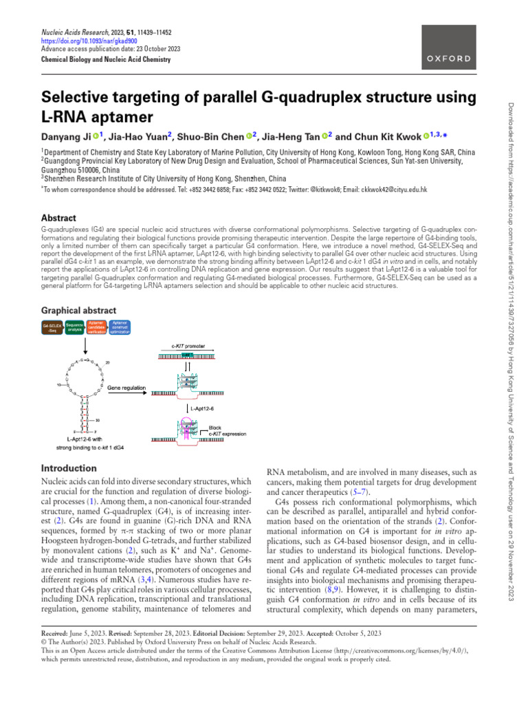 Selective Targeting of Parallel G-quadruplex Structure Using L-RNA Aptamer | PDF