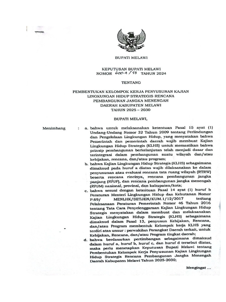 SK Pokja Penyusunan KLHS RPJMD Kab Melawi Tahun 2025-2029 | PDF