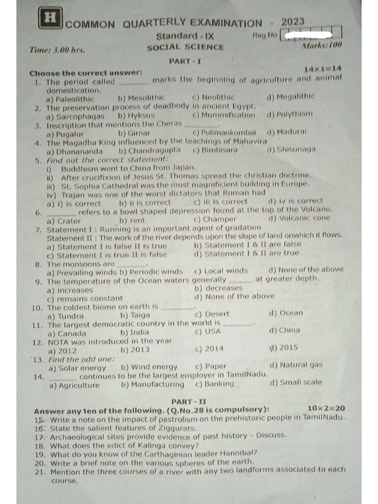 9th Social EM Quarterly Exam 2023 Original Question Paper Toothukudi District English Medium PDF ...