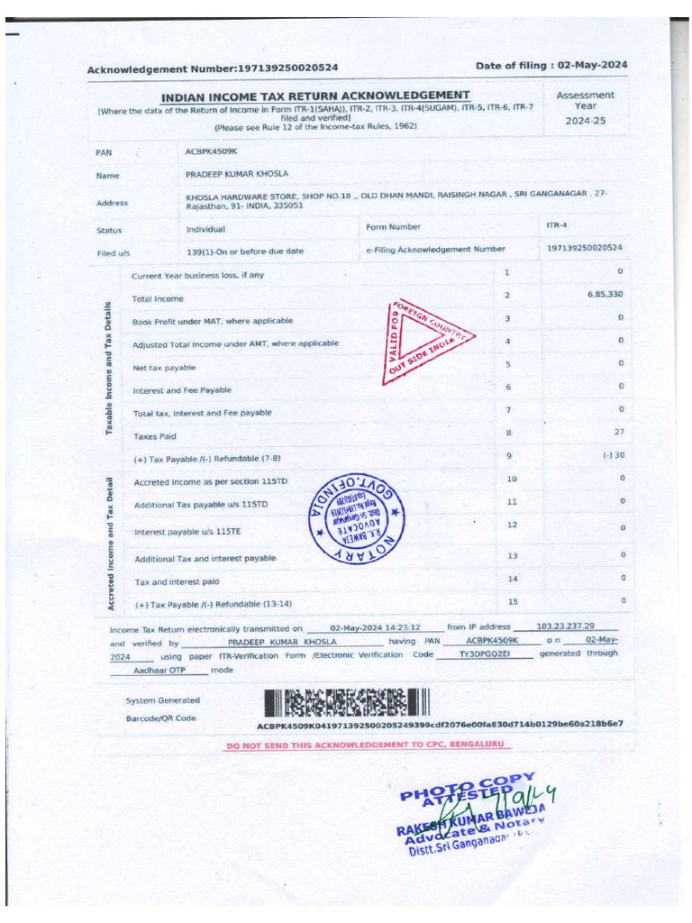 4 Father ITR'S Notarized - Compressed | PDF