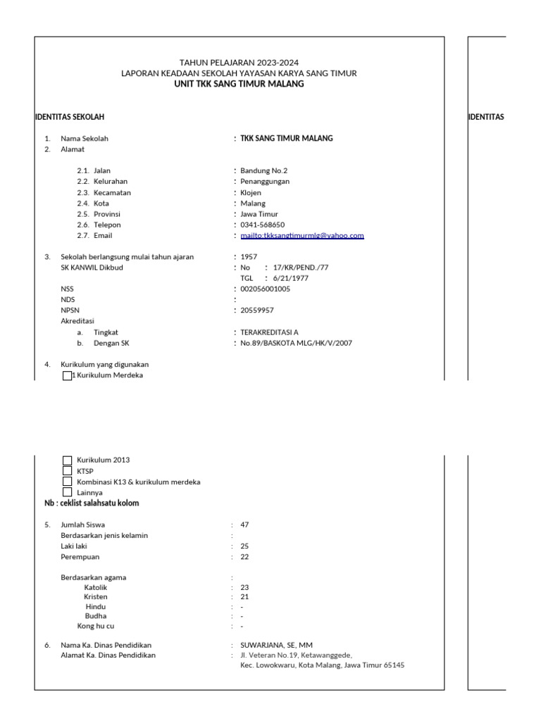 Form Lap Keadaan Sekolah TK Sang Timur TP 2023-2024 Bulan September 2023 | PDF