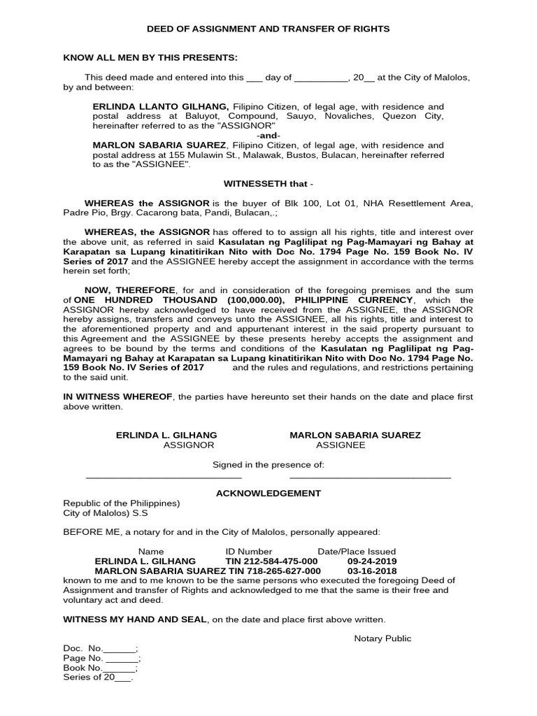 Deed of Assignment and Transfer of Rights | PDF