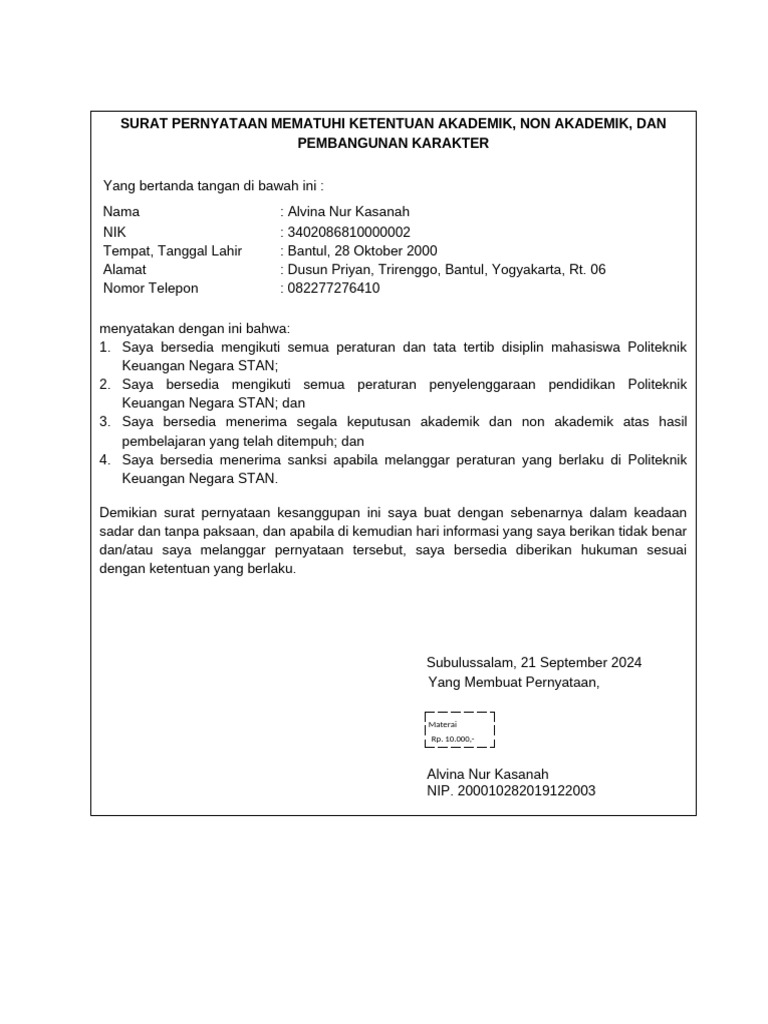 Surat Pernyataan Mematuhi Ketentuan Akademik | PDF