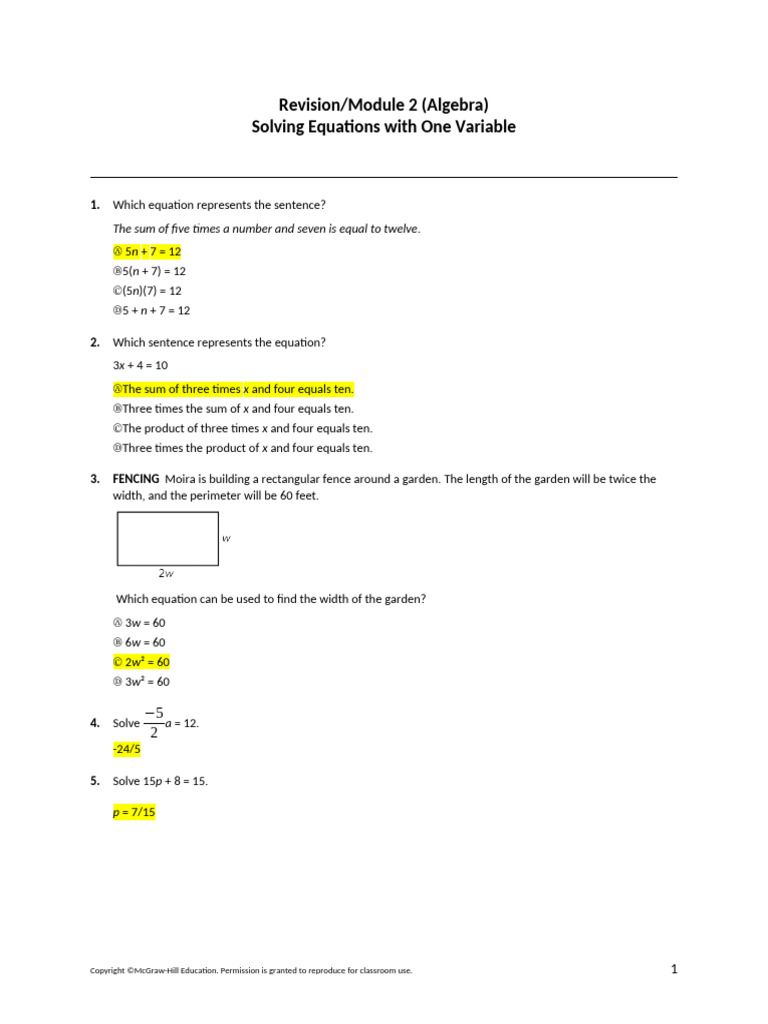 Algebra Module 2 Revision Worksheet | PDF