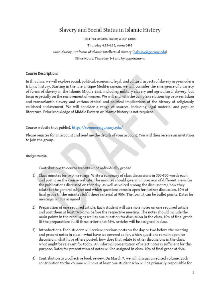 Slavery and Social Status Spring 2019 Draft Syllabus - History ...