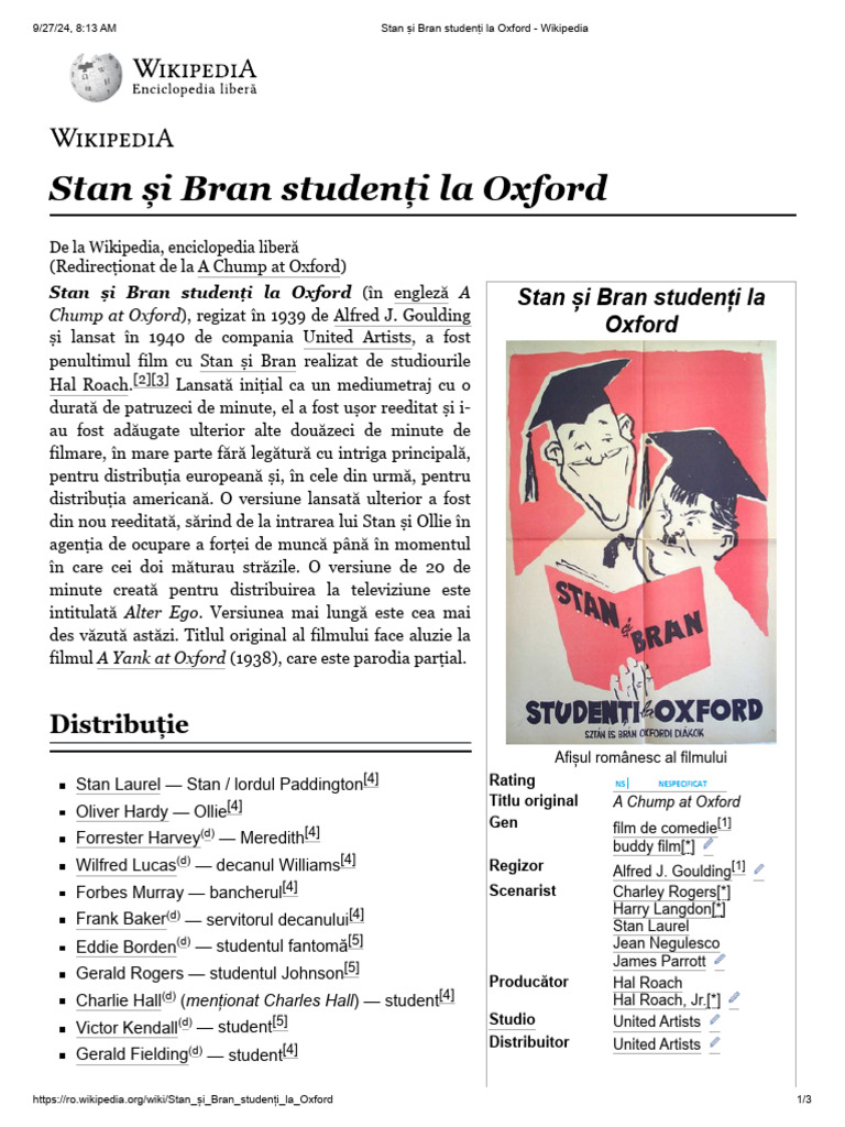 Stan Și Bran Studenți La Oxford - Wikipedia | PDF