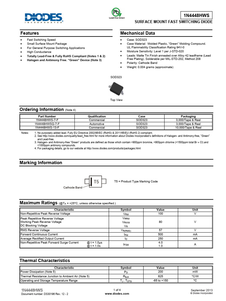 1N4448HWS: Surface Mount Fast Switching Diode | PDF