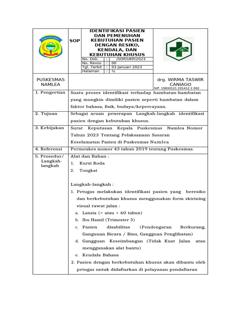 Sop Identifikasi Dan Pemenuhan Kebutuhan Pasien Dengan Risiko Kendala Dan Kebutuhan Khusus | PDF