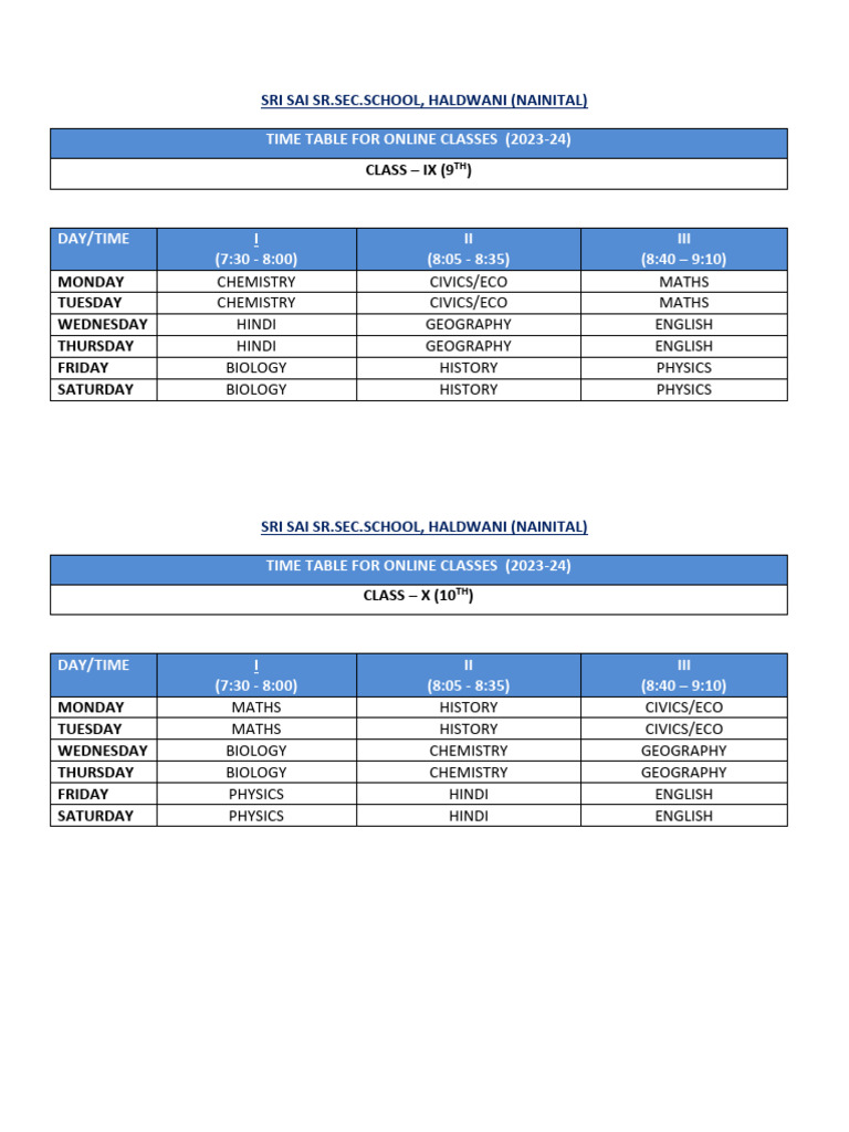 TIME TABLE Online Classes 2024-25 | PDF