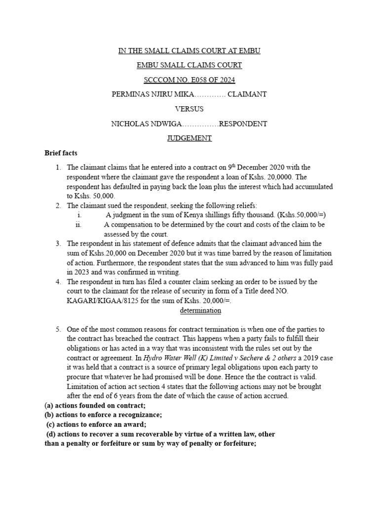 Civil Case-In The Small Claims Court at Embu Judgment Draft | PDF