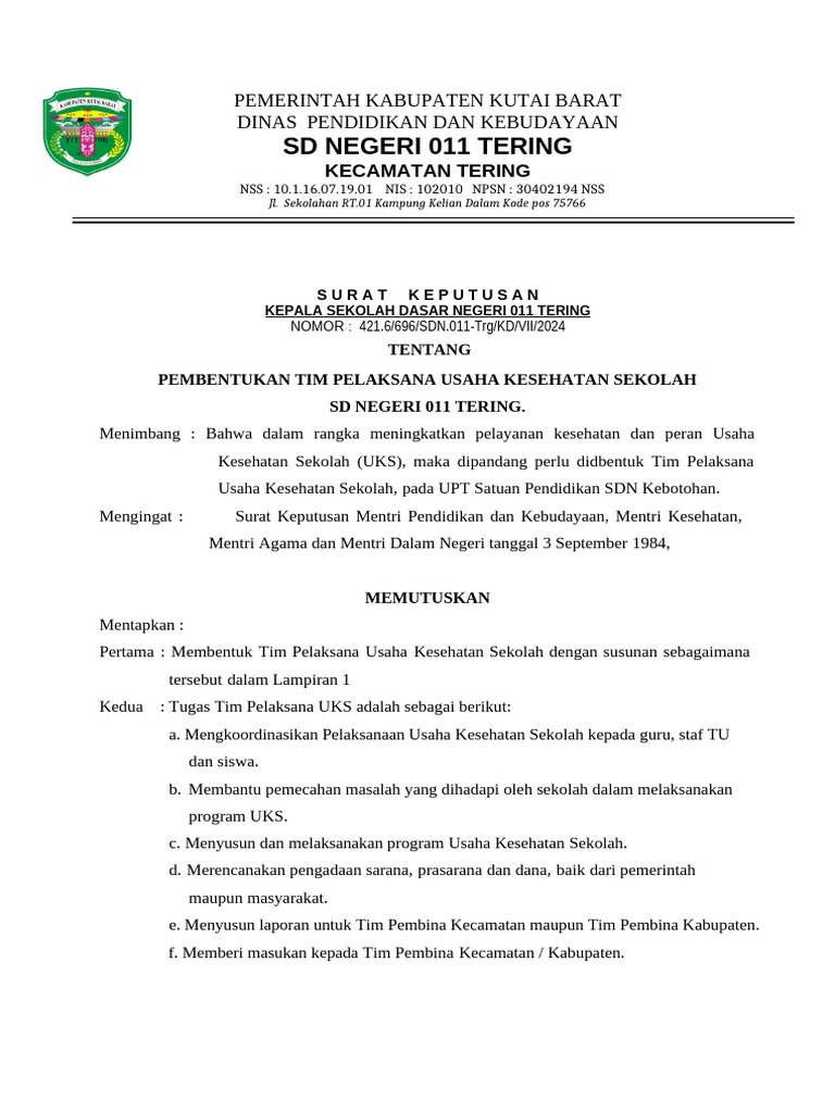 Pembentukan Tim UKS SDN 011 Tering 2024 | PDF