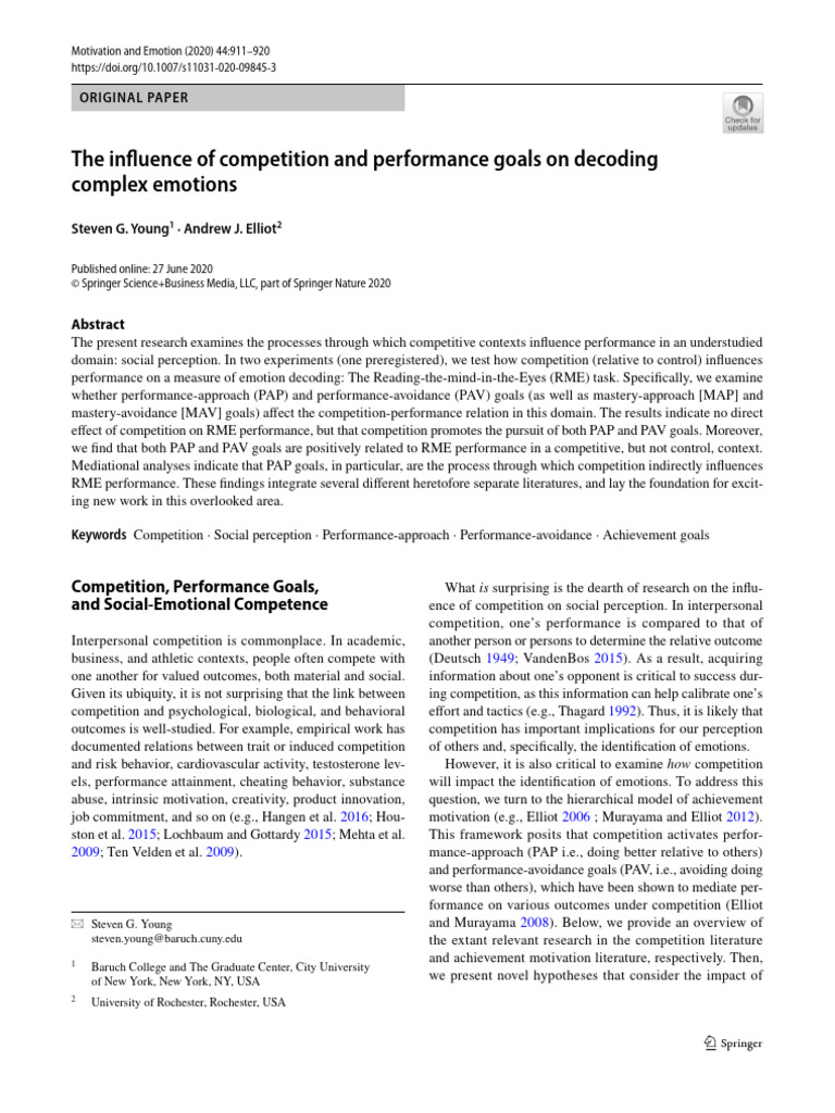 The Influence of Competition and Performance Goals On Decoding Complex Emotions | PDF