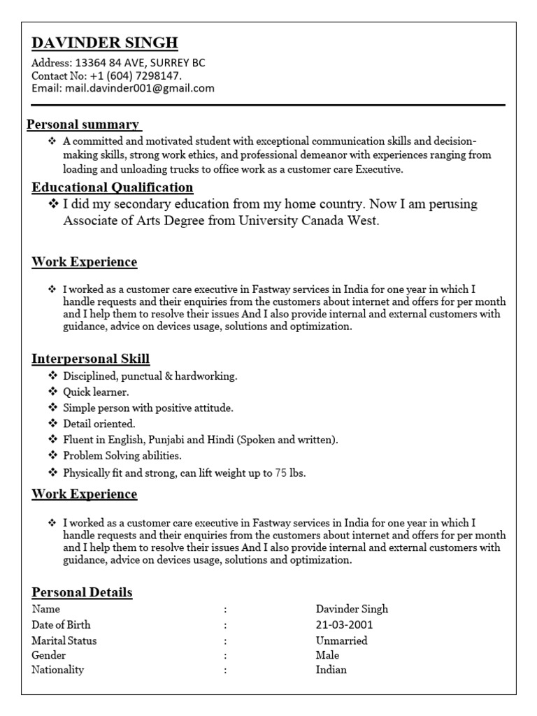 Davinder Singh Resume | PDF | Career & Growth | Wellness