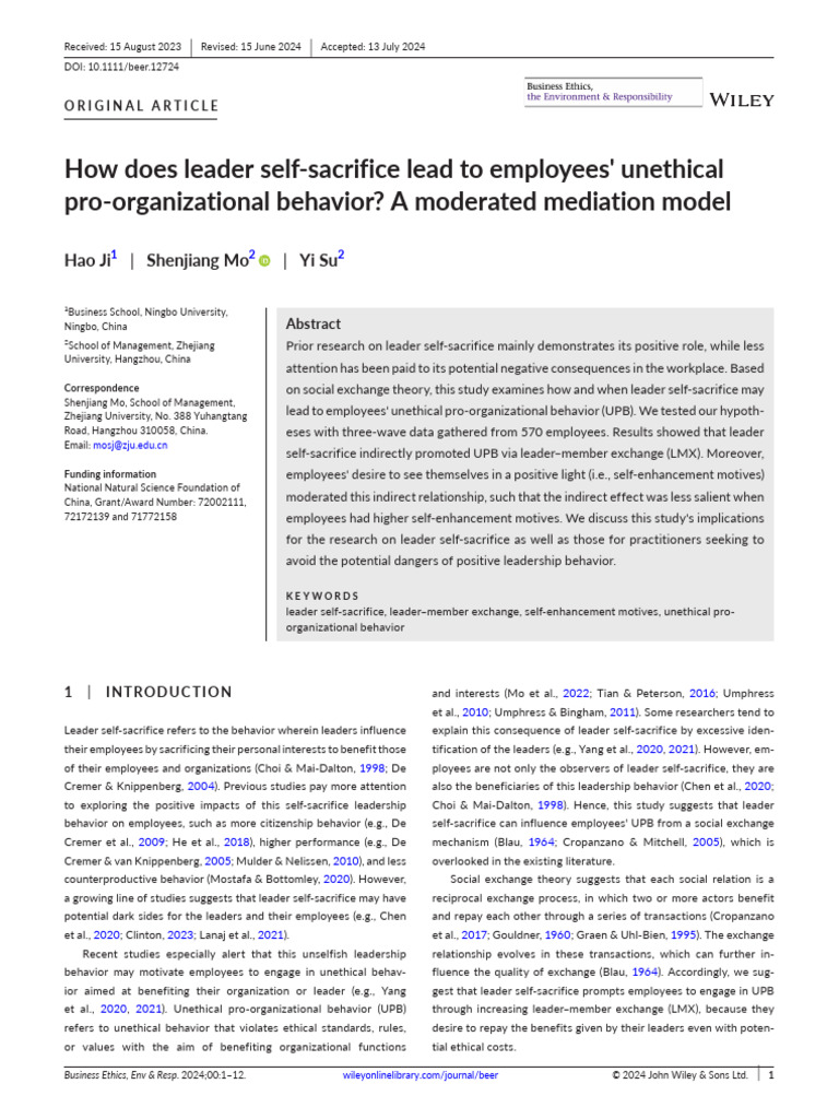 Business Ethics Env Resp - 2024 - Ji - How Does Leader Self Sacrifice Lead To Employees ...