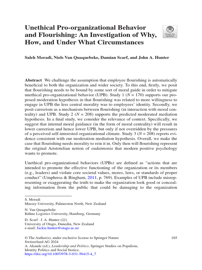 Unethical Pro-Organizational Behavior and Flourishing | PDF