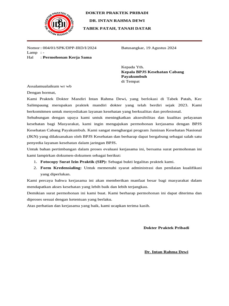 Surat - Permohonan - Kerjasama BPJS | PDF