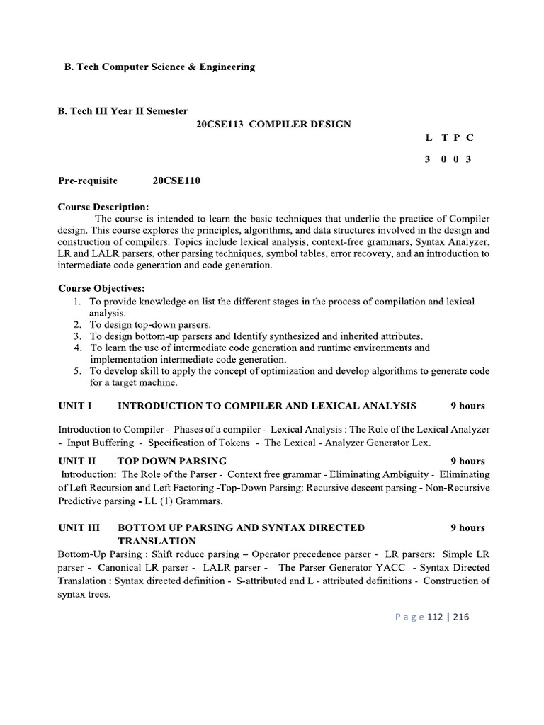 01 Compiler Design Syllabus | PDF