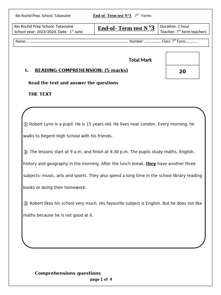 7th Form End-Of-Term Test 3 | PDF