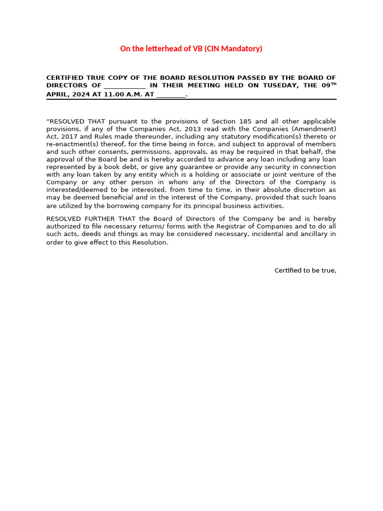 CTC - Board Res - Sec 185 | PDF | Finance & Money Management