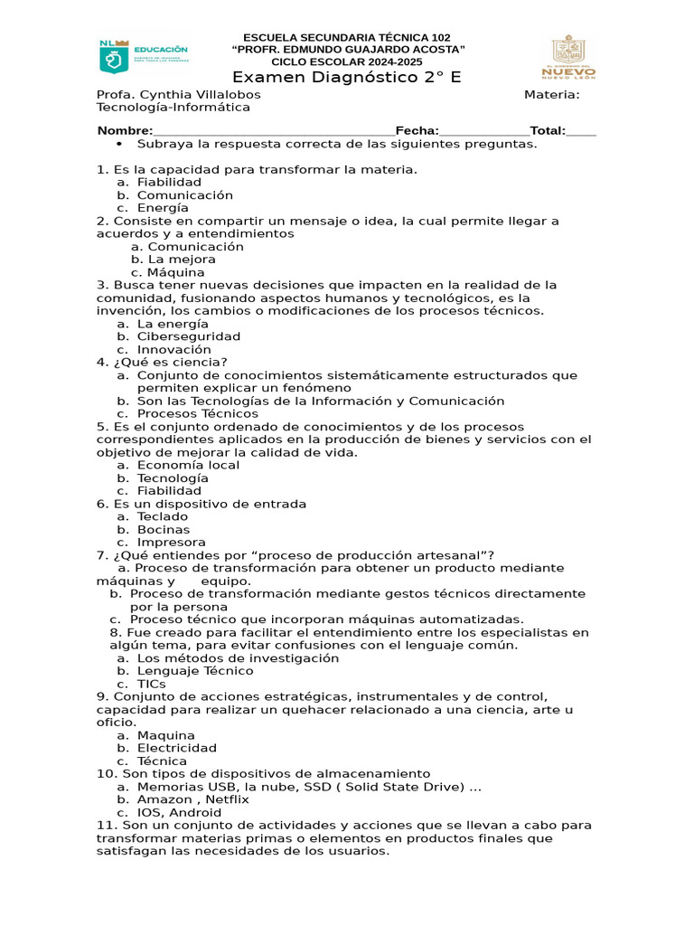 Examen Diagnostico 2 E Profa. Cynthia Villalobos Tamaño Oficio | PDF | Comunicación | Tecnología
