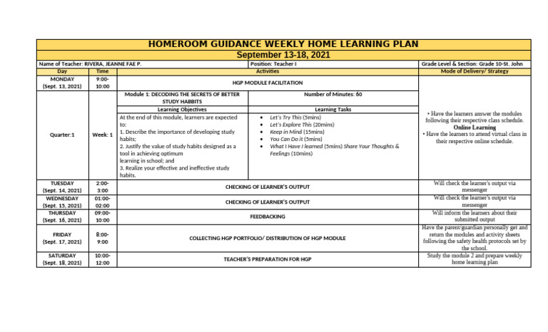 HOMEROOM-GUIDANCE-WEEKLY-HOME-LEARNING-PLAN | PDF