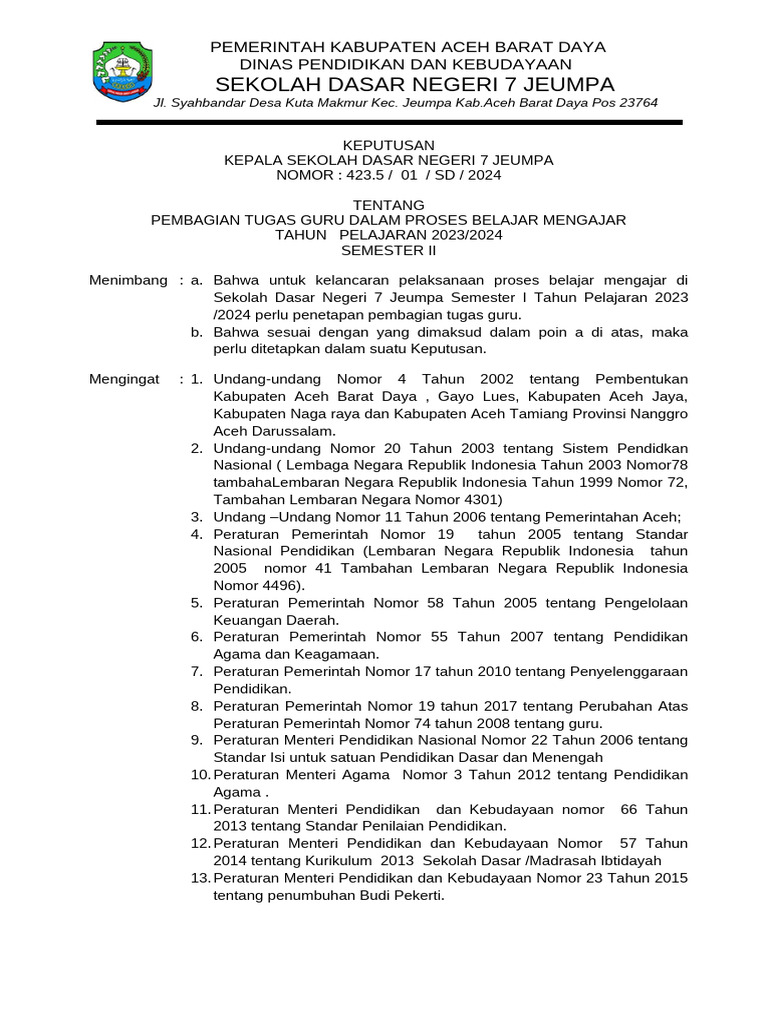 SK Pembagian Tugas SMT 2-2023-2024 | PDF