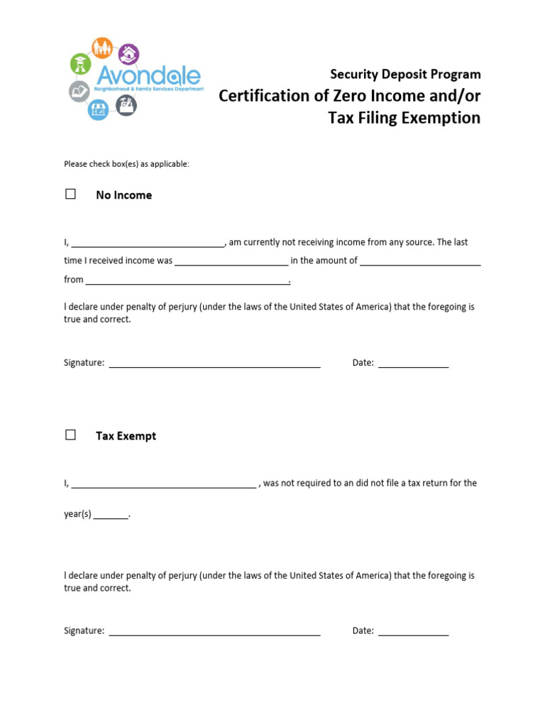 TBRA Security Deposit Zero Income & Tax Exempt Form | PDF