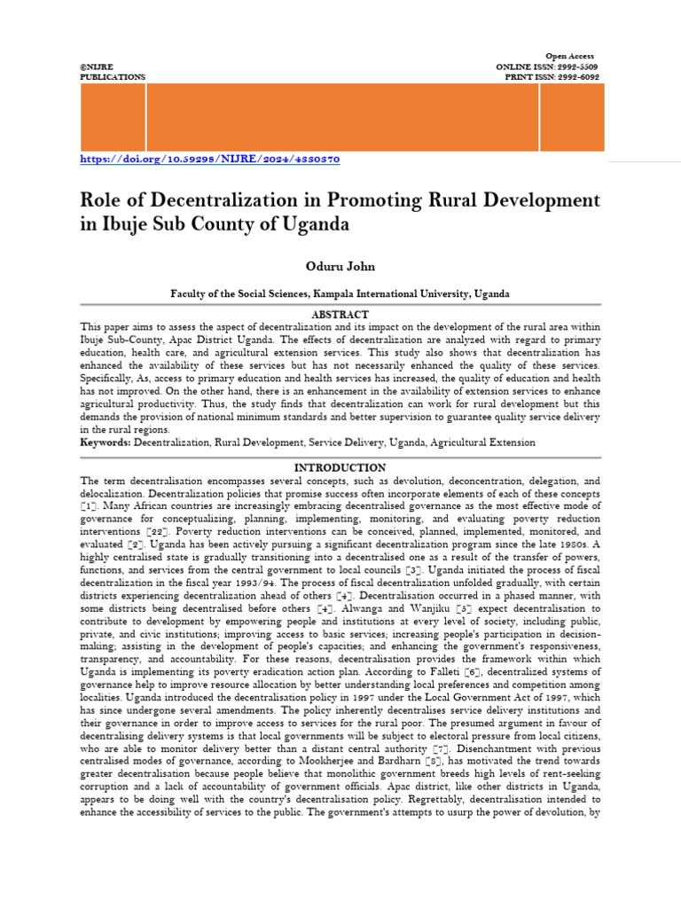Role of Decentralization in Promoting Rural Development in Ibuje Sub ...