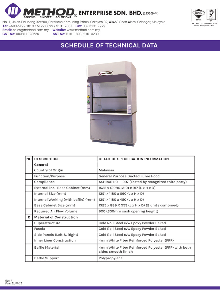 Fume Hood Tech Data V1.0-0122 | PDF